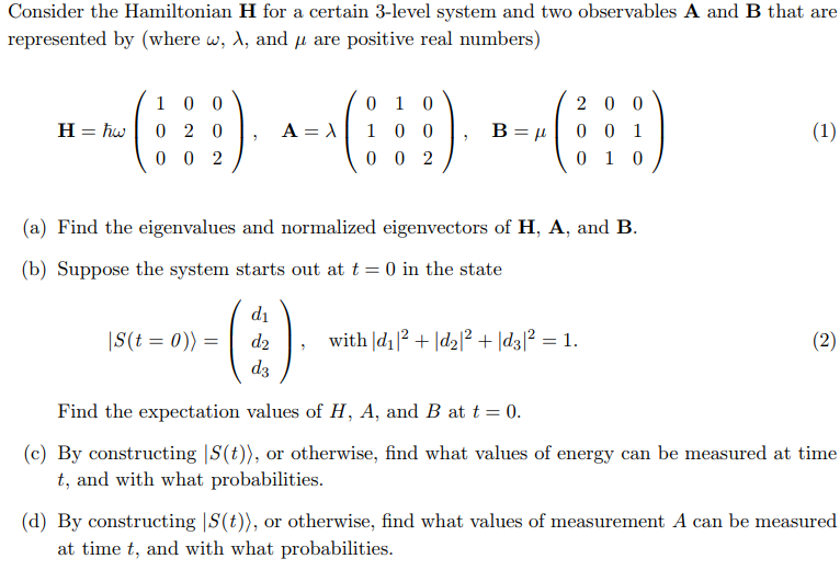Solved Consider the Hamiltonian H for a certain 3-level | Chegg.com