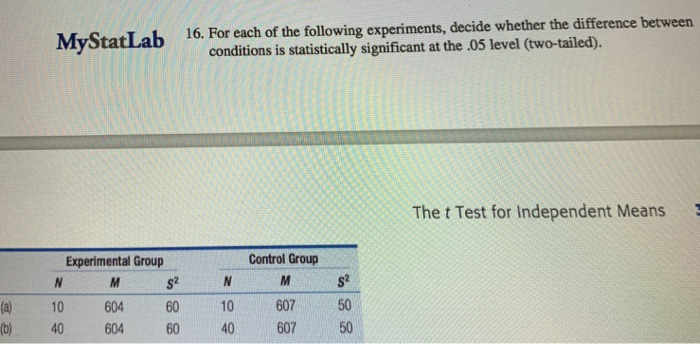 Solved MyStatLab 16. For each of the following experiments, | Chegg.com