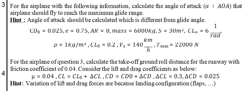 Solved 3 For the airplane with the following information, | Chegg.com