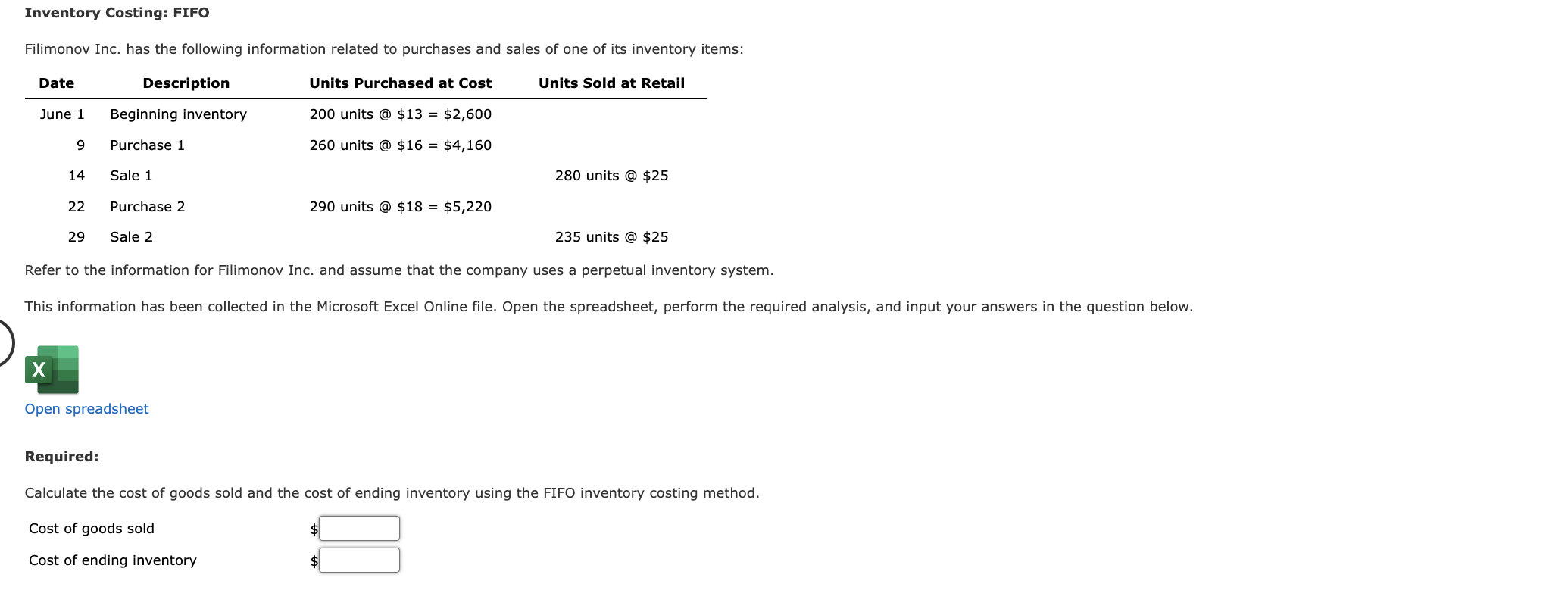 Solved Inventory Costing: FIFOFilimonov Inc. has the | Chegg.com