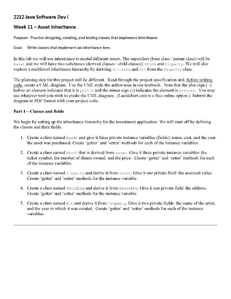 Solved 2212 Java Software Dev I Week 11 - Asset Inheritance | Chegg.com