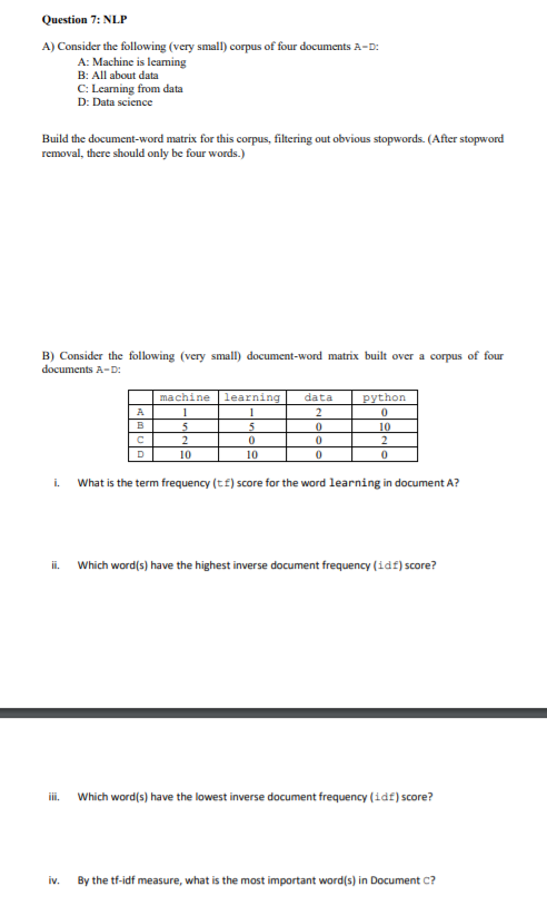 Question 7: NLP A) Consider the following (very | Chegg.com