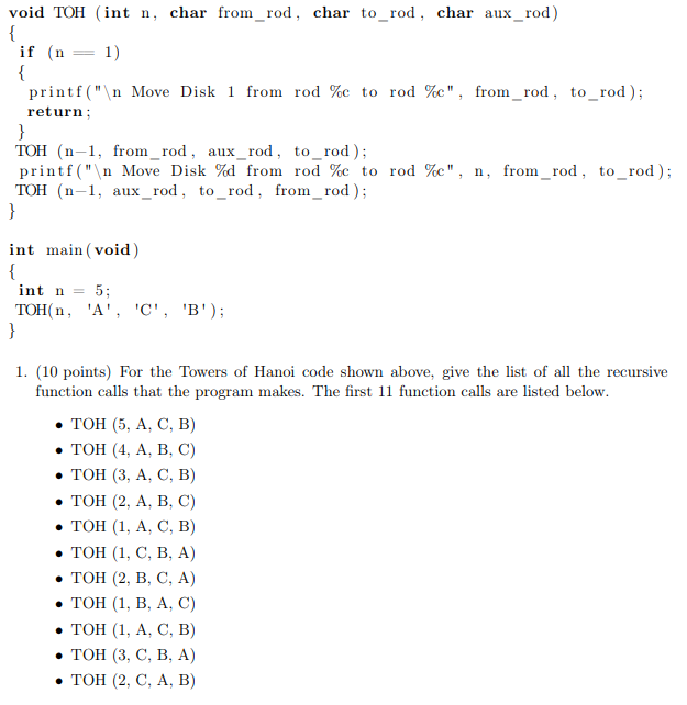 Solved void TOH (int n, char from_rod, char to_rod, char | Chegg.com