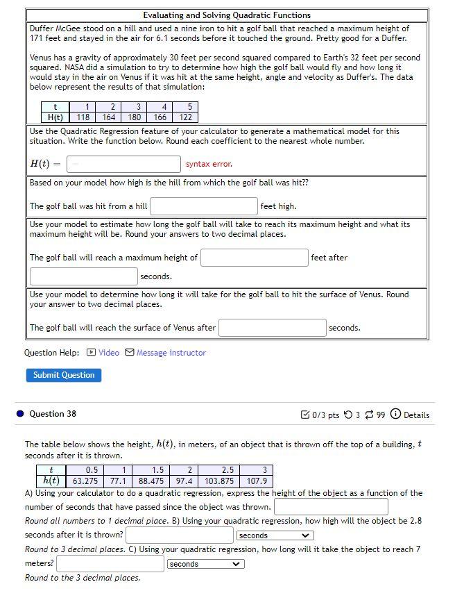 Solved Evaluating and Solving Quadratic Functions Duffer | Chegg.com