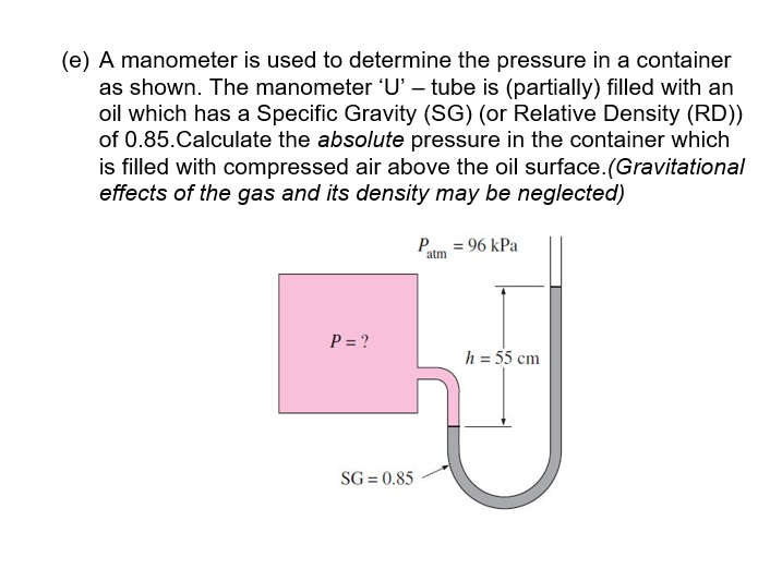 Solved (e) A manometer is used to determine the pressure in | Chegg.com