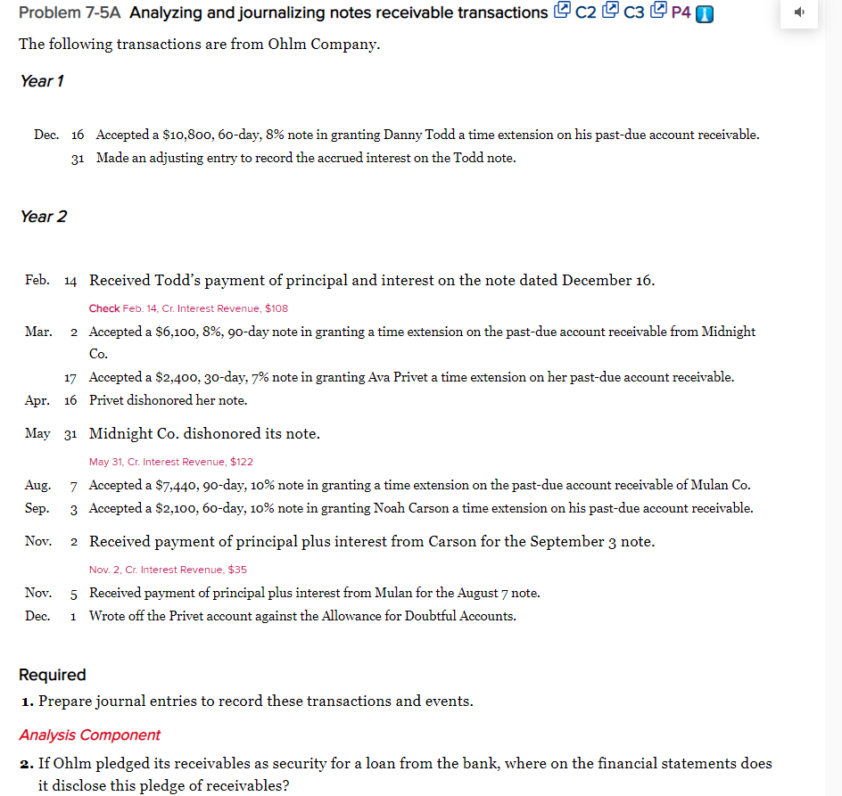 Solved Problem 7-5A Analyzing and journalizing notes | Chegg.com