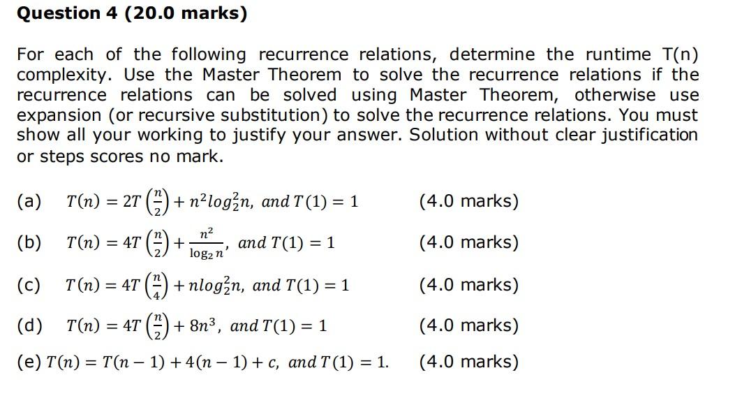 Solved For Each Of The Following Recurrence Relations