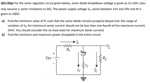 Solved Q2) (25p) For the zener regulator circuit given | Chegg.com