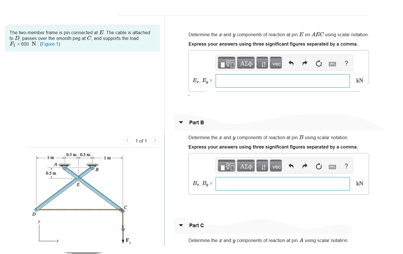 Solved The two-member frame is pin connected at E. The cable | Chegg.com
