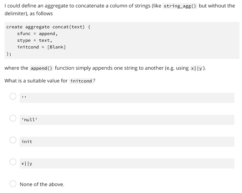 Solved I could define an aggregate to concatenate a column | Chegg.com