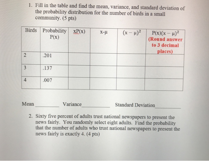 Solved 1. Fill in the table and find the mean, variance, and | Chegg.com