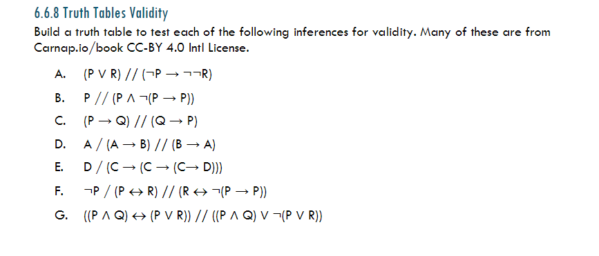 6.6.8 Truth Tables Validity Build a truth table to | Chegg.com