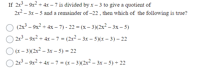 Solved If 2x3-9x2+4x-7 ﻿is divided by x-3 ﻿to give a | Chegg.com