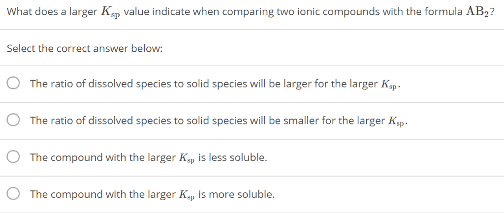 Solved What does a larger Ksp value indicate when comparing | Chegg.com