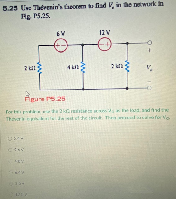Solved 5.25 Use Thévenin's theorem to find V, in the network | Chegg.com