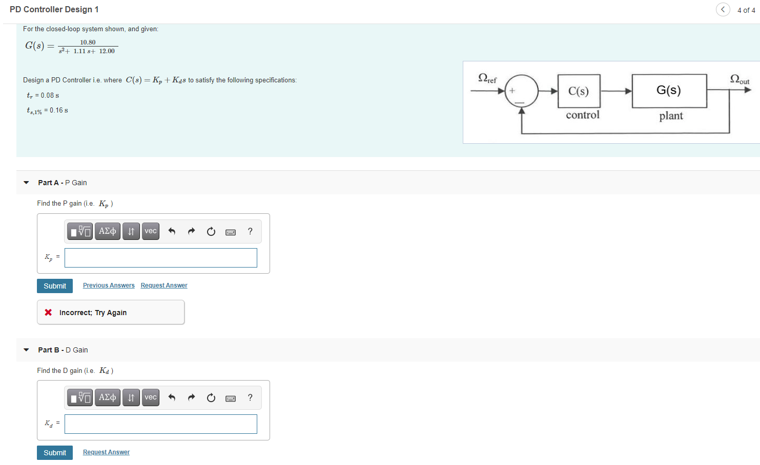 Solved PD Controller Design 1 4 of 4 For the closed-loop | Chegg.com