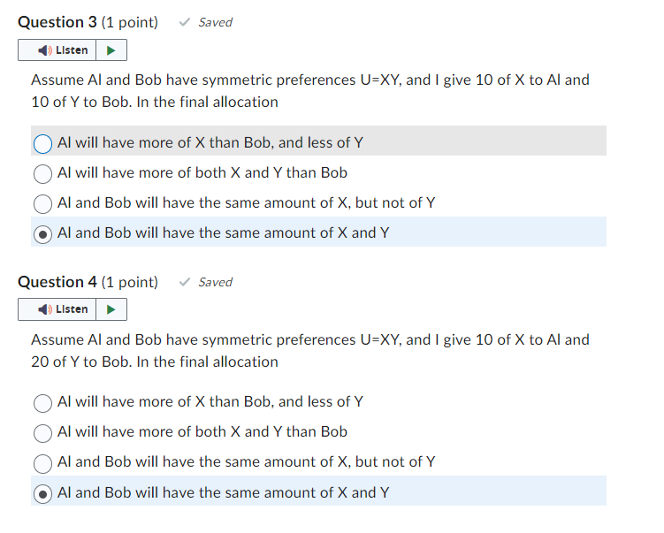 Solved Assume Al and Bob have symmetric preferences U=XY, | Chegg.com