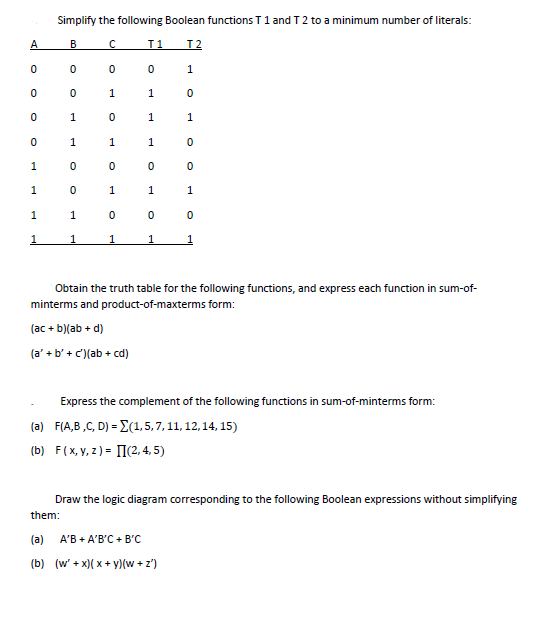 Solved Simplify the following Boolean functions T 1 and 12 | Chegg.com