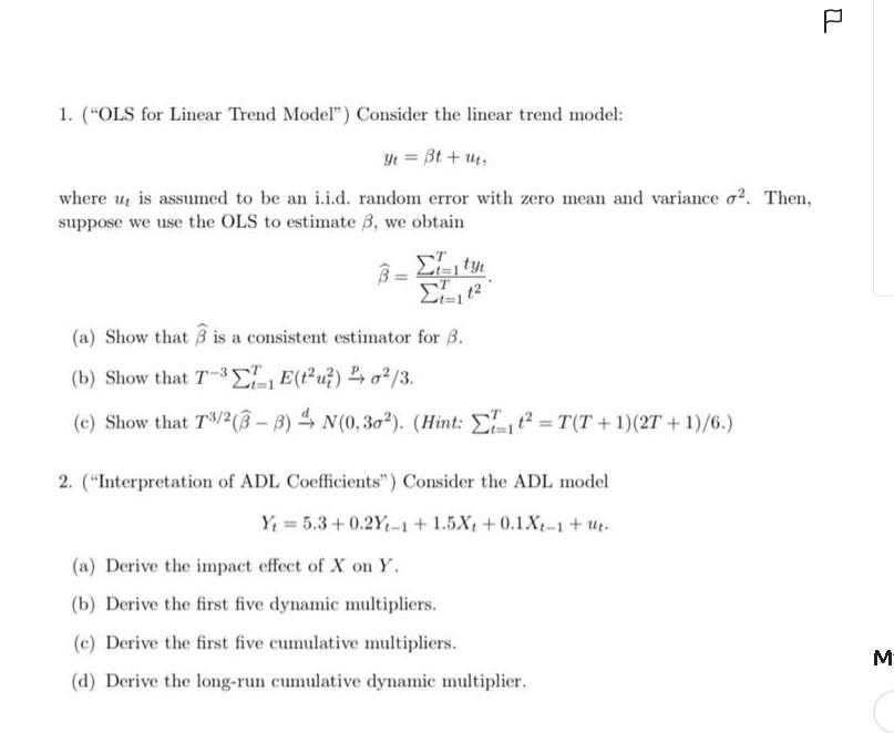 Solved 1. ("OLS for Linear Trend Model") Consider the linear | Chegg.com