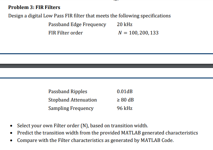 Solved Problem 3: FIR Filters Design a digital Low Pass FIR | Chegg.com