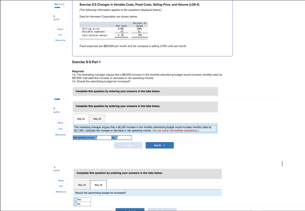 Solved Part 1 of 2 Exercise 5-5 Changes in Variable Costs, | Chegg.com