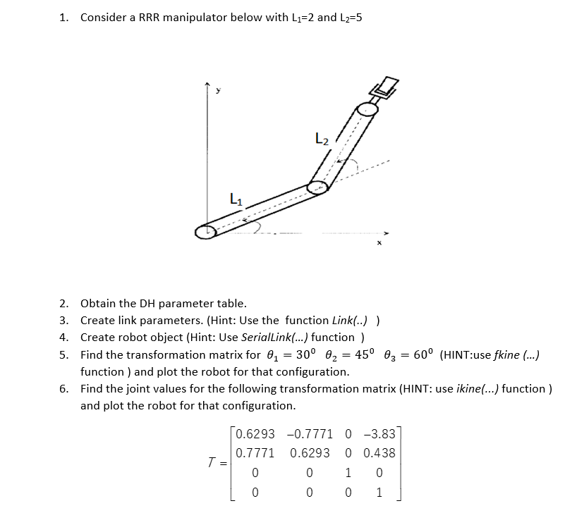 Solved 1. Consider a RRR manipulator below with L1=2 and | Chegg.com
