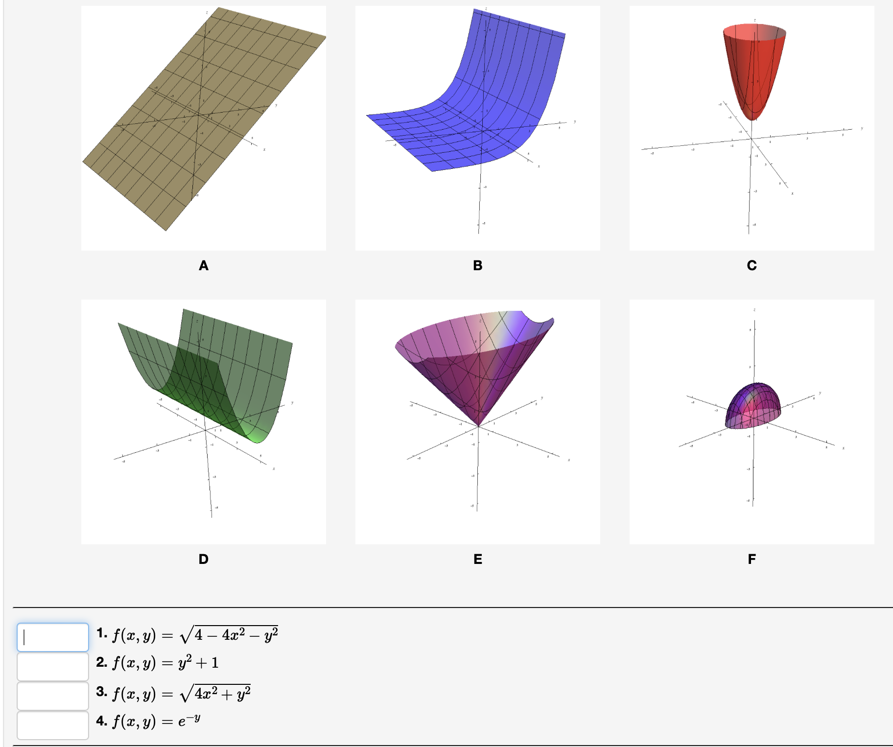 Solved f(x,y)=4−4x2−y2f(x,y)=y2+1f(x,y)=4x2+y2f(x,y)=e−y | Chegg.com