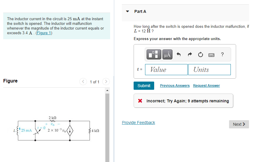 Solved The inductor current in the circuit is 25 mA at the | Chegg.com