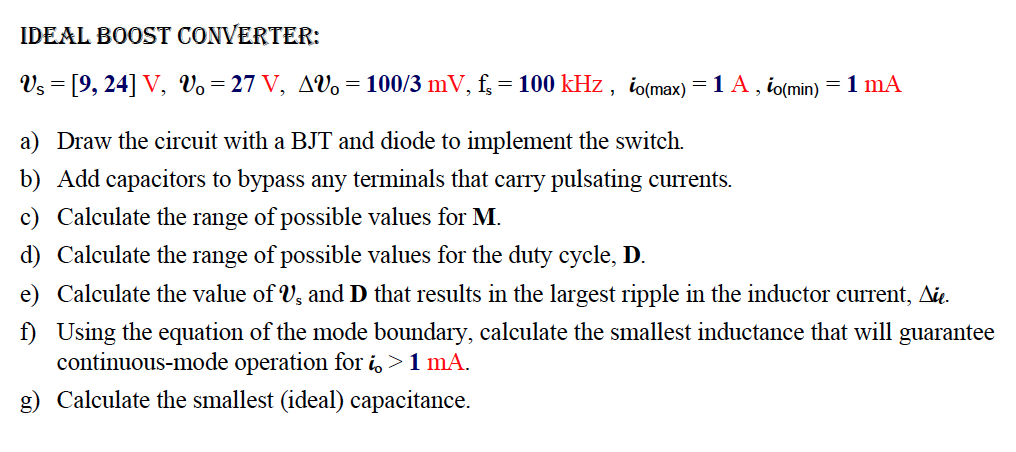 Solved IDEAL BOOST CONVERTER: vs=[9,24]V,Vo=27 | Chegg.com