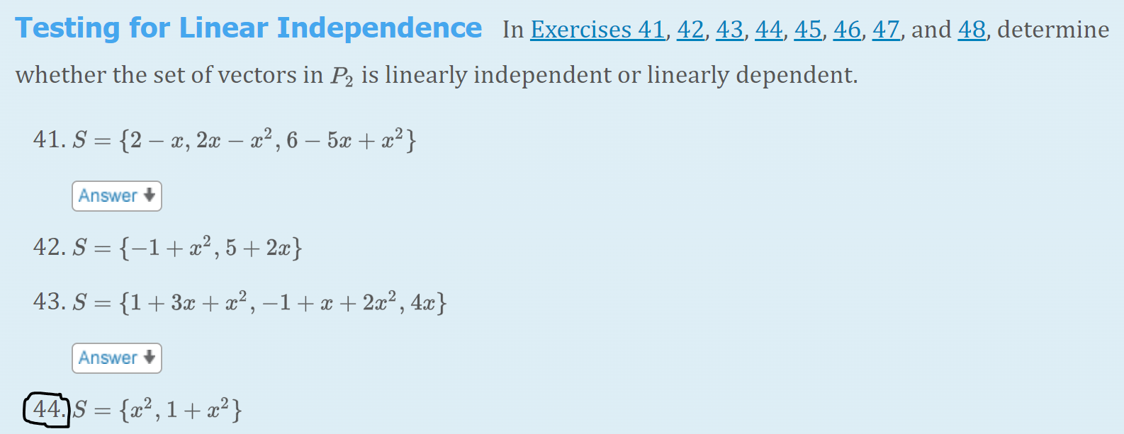 Solved Testing for Linear Independence In Exercises 41, 42, | Chegg.com
