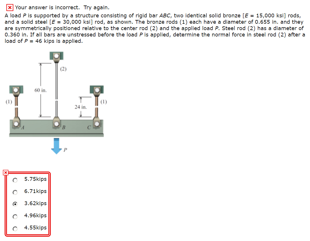 Solved x Your answer is incorrect. Try again. A load P is | Chegg.com
