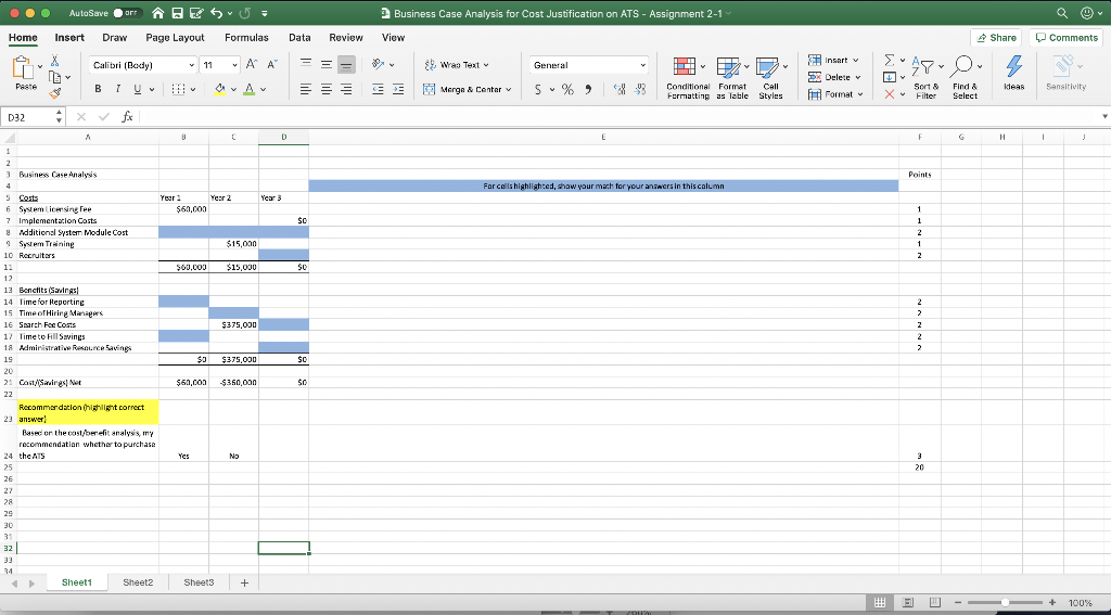 Based on the case study below, fill out the Excel | Chegg.com