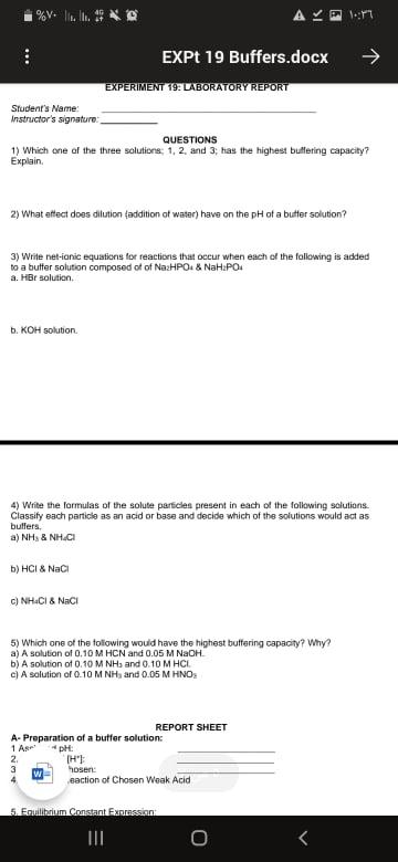 Solved AVE EXPt 19 Buffers.docx EXPERIMENT 19: LABORATORY | Chegg.com