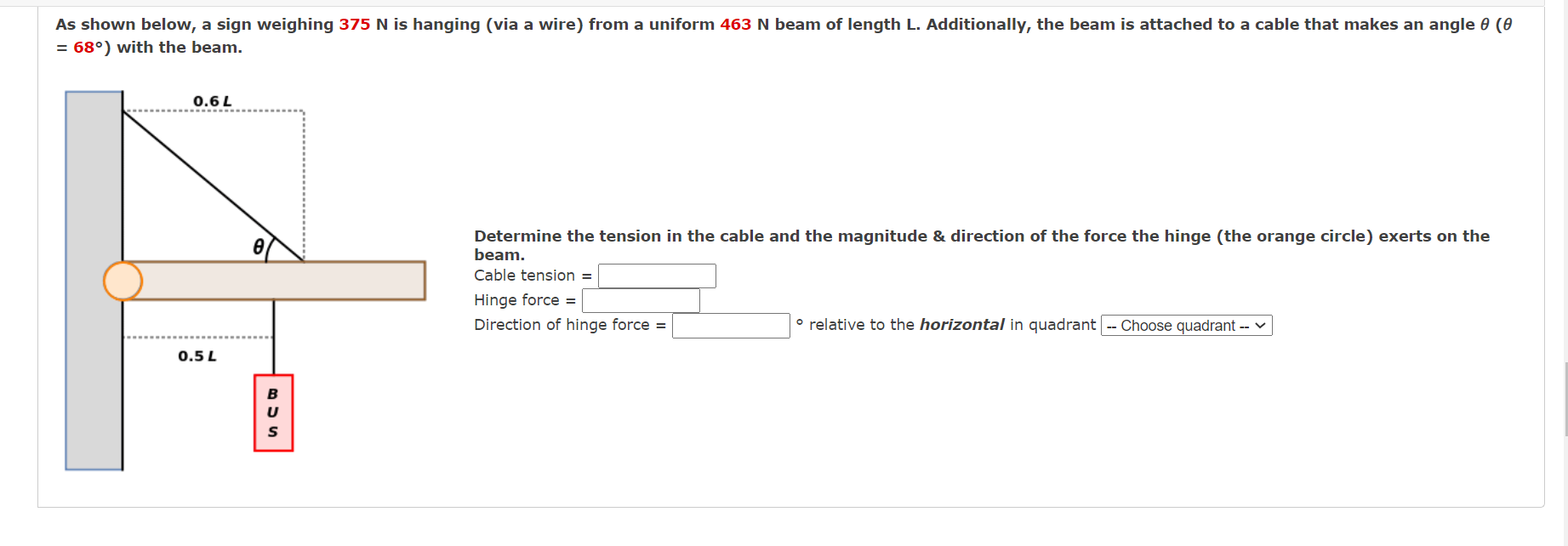 Solved =68∘ ) with the beam. Determine the tension in the | Chegg.com