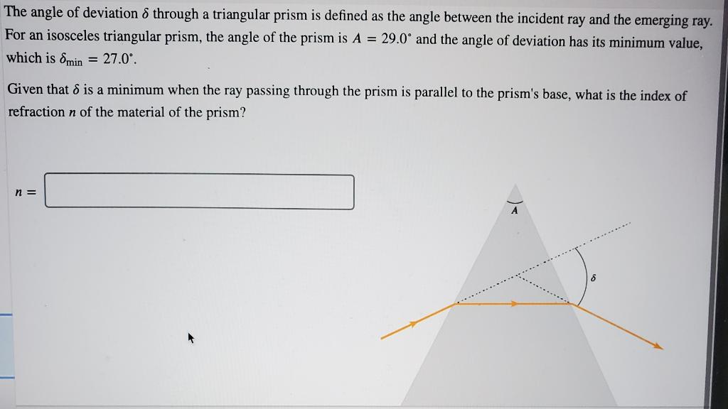 Solved The angle of deviation 8 through a triangular prism | Chegg.com