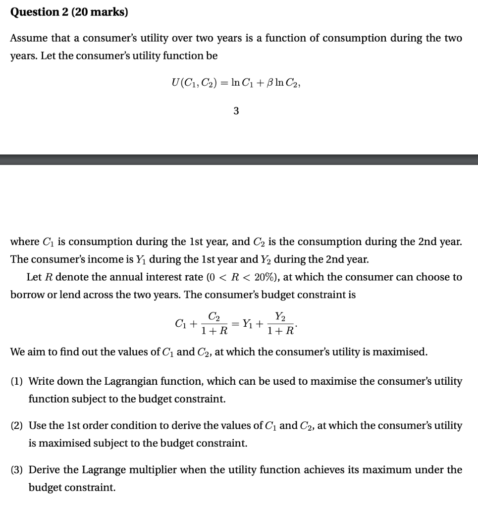 Solved Question 2 (20 marks) Assume that a consumer’s | Chegg.com