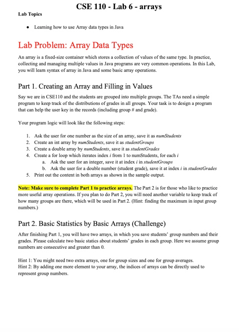 Solved CSE 110 - Lab 6 - arrays Lab Toples • Learning how to | Chegg.com