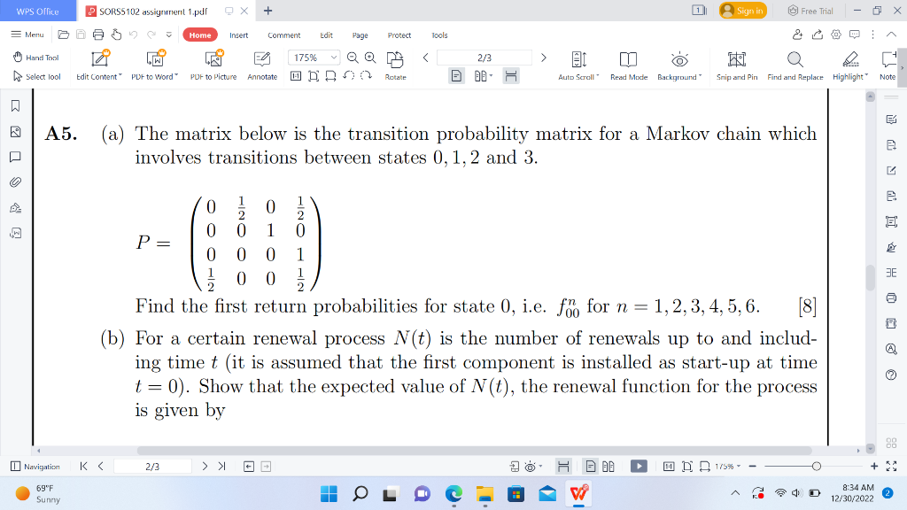 Solved (a) The matrix below is the transition probability | Chegg.com