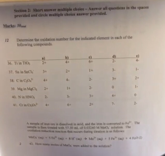 Solved Determine The Oxidation Number For The Indicated