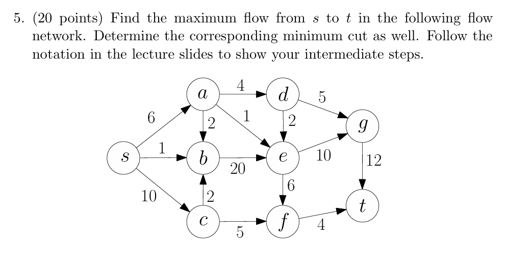 Solved 5. (20 ﻿points) ﻿Find the maximum flow from \( ﻿s \) | Chegg.com