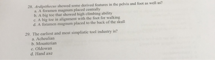 Solved 28. Ardipithecus showed some derived features in the | Chegg.com