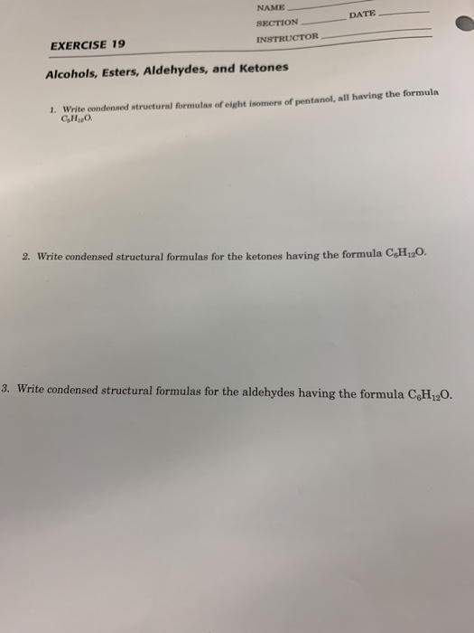 Solved NAME SECTION INSTRUCTOR DATE EXERCISE 19 Alcohols, | Chegg.com