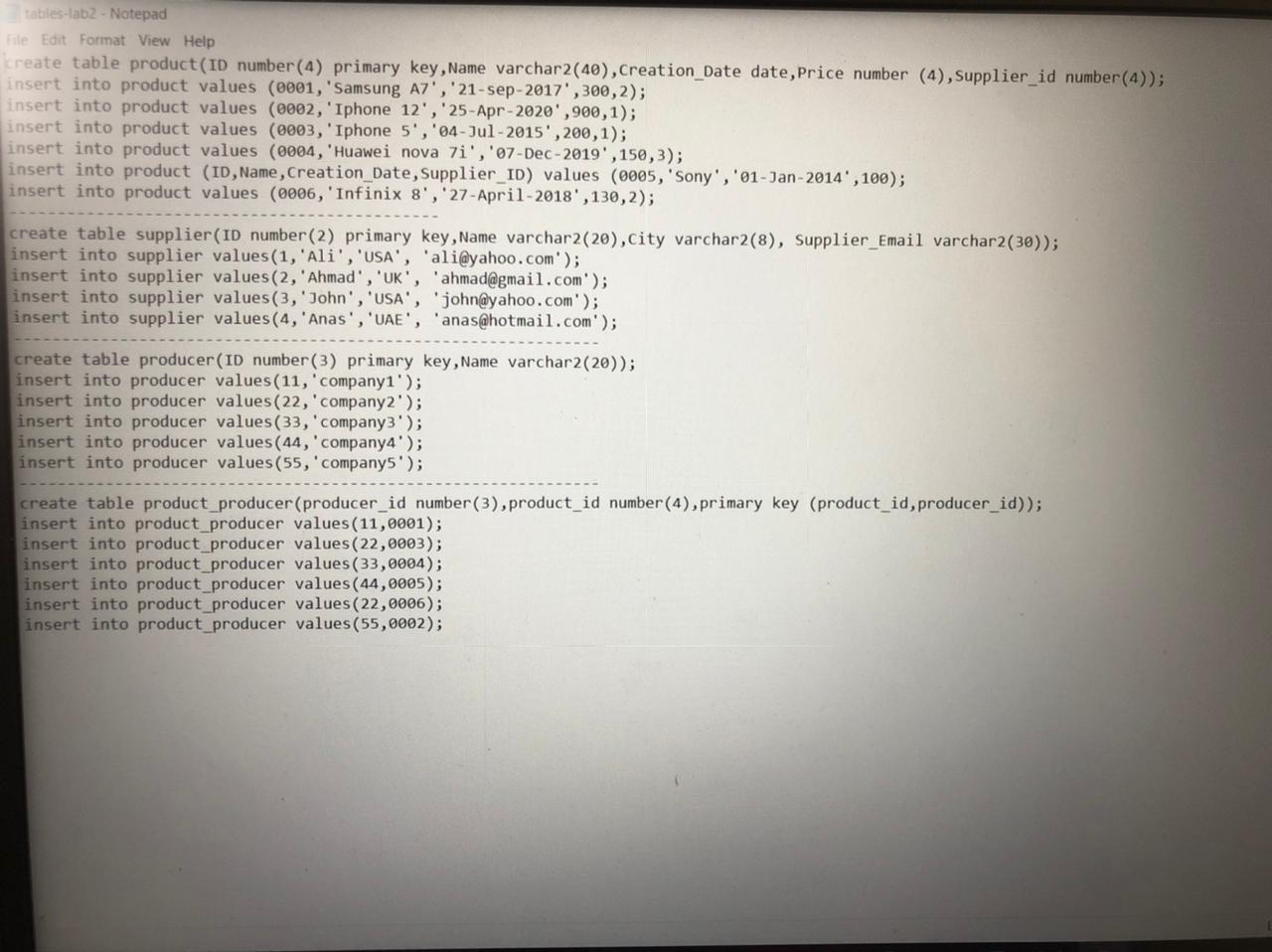 Solved data base . 1.Write a query to display the supplier | Chegg.com