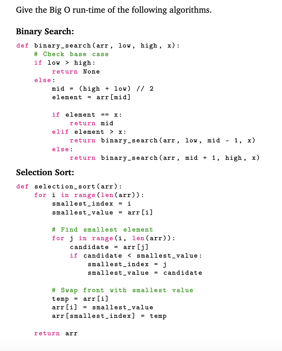 Solved Give the Big O run-time of the following algorithms. | Chegg.com