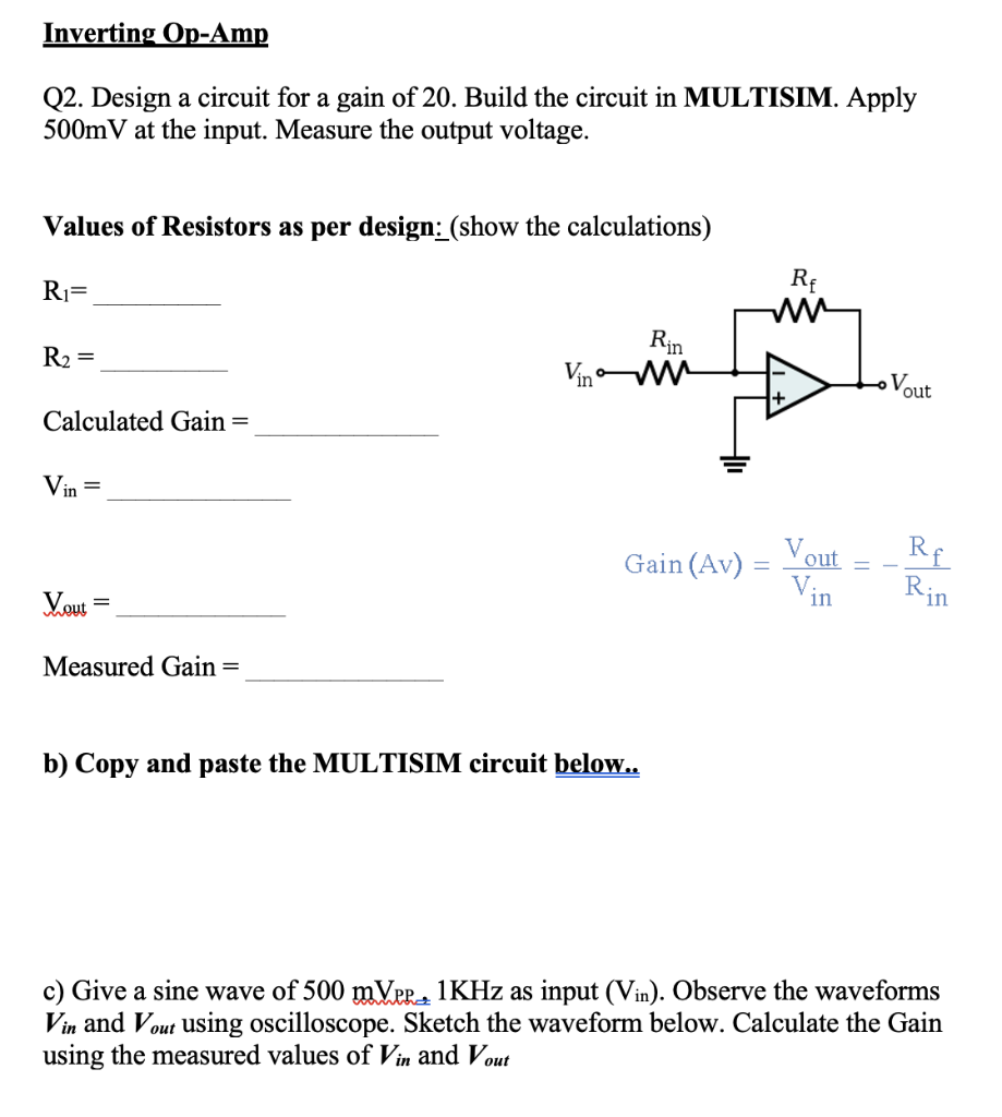 Solved Op Amp as inverting Amplifier 1. OBJECTIVE: The | Chegg.com