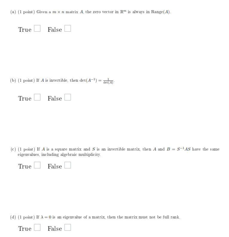 Solved (a) (1 point) Given a mxn matrix A, the zero vector | Chegg.com