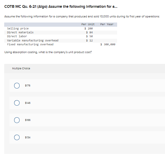 Solved COTB MC Qu. 6-21 (Algo) Assume the following | Chegg.com