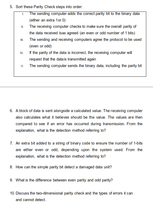 Solved 5. Sort these Parity Check steps into order: I. The | Chegg.com