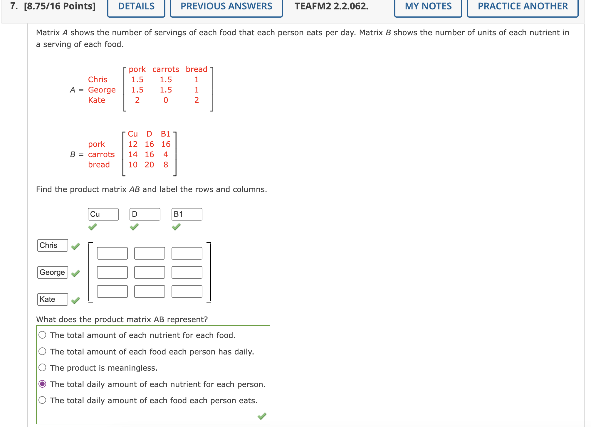 Solved Matrix A shows the number of servings of each food | Chegg.com