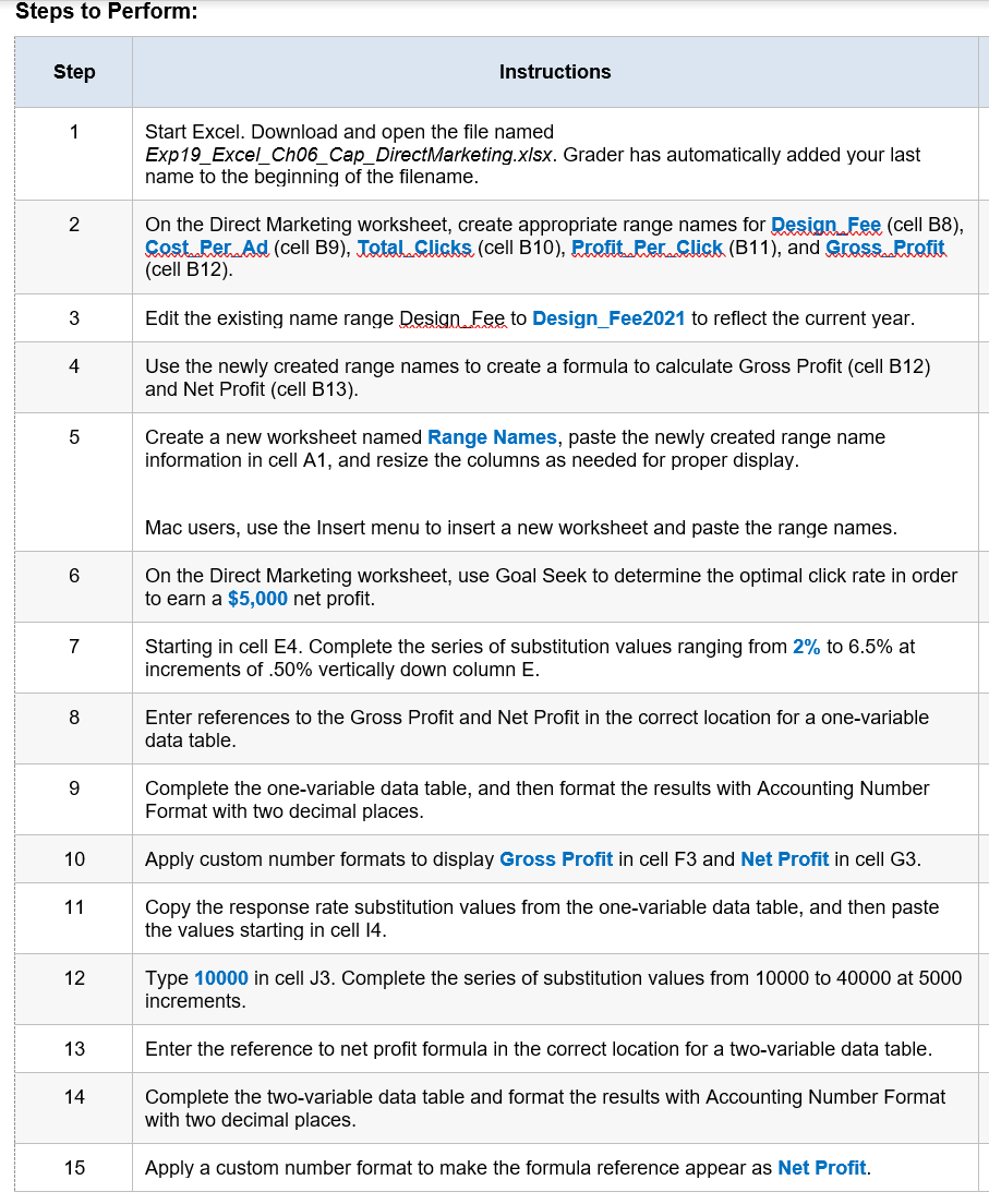 Steps to Perform: Step Instructions 1 Start Excel. | Chegg.com